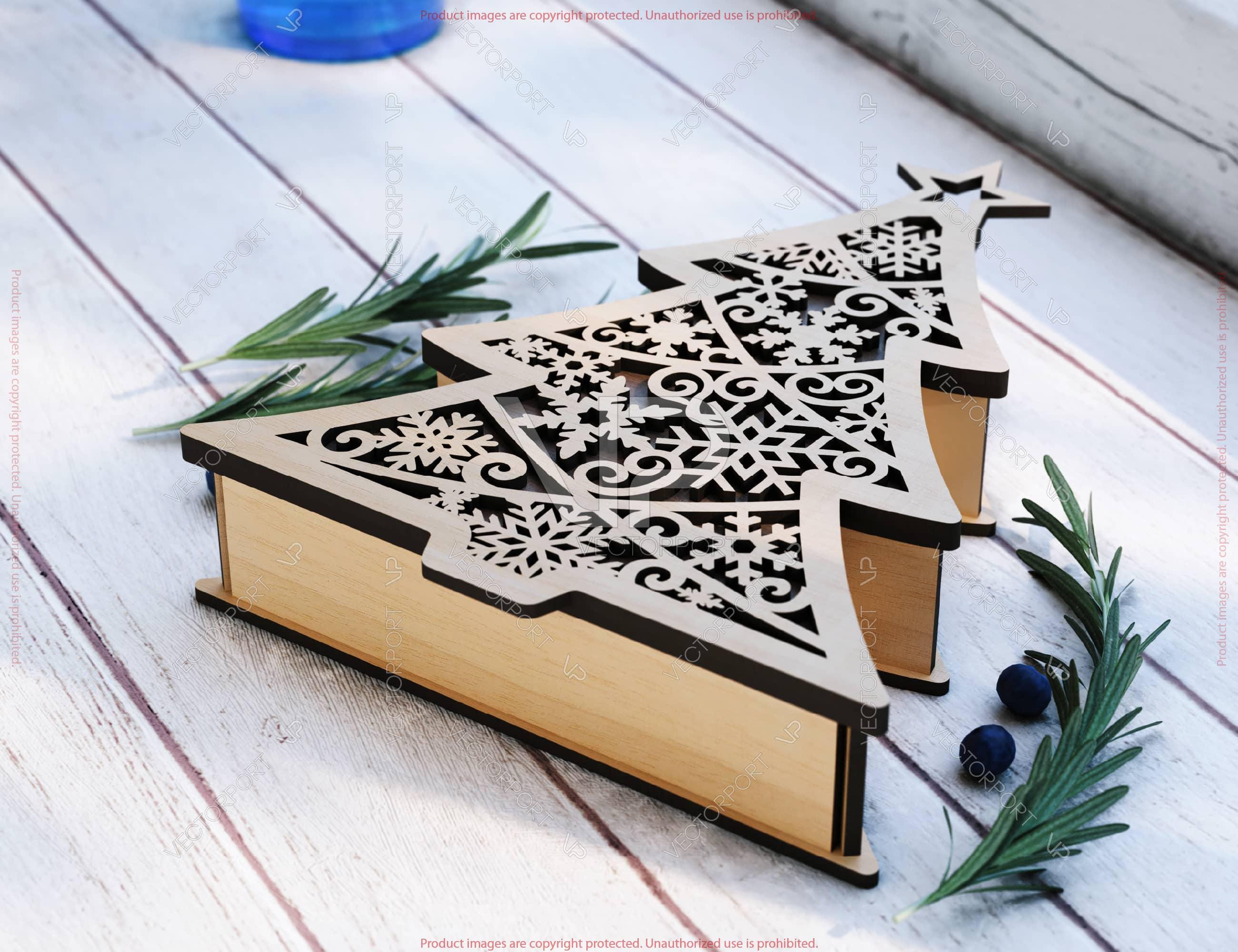 Christmas Tree Box With Snowflake Lid Elegant Laser-cut Plywood Rustic ...