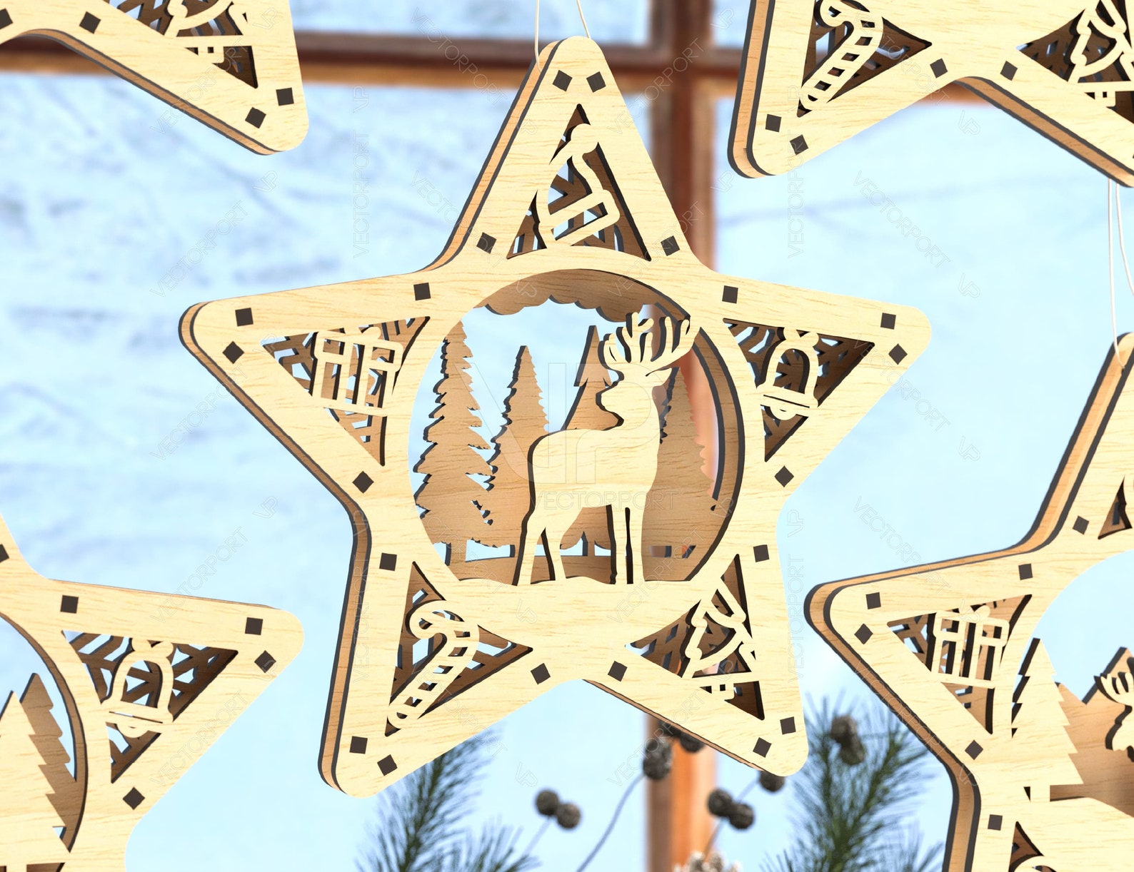 Star Shape Christmas Tree Decorations Craft Hanging Bauble Snowy Scene ...