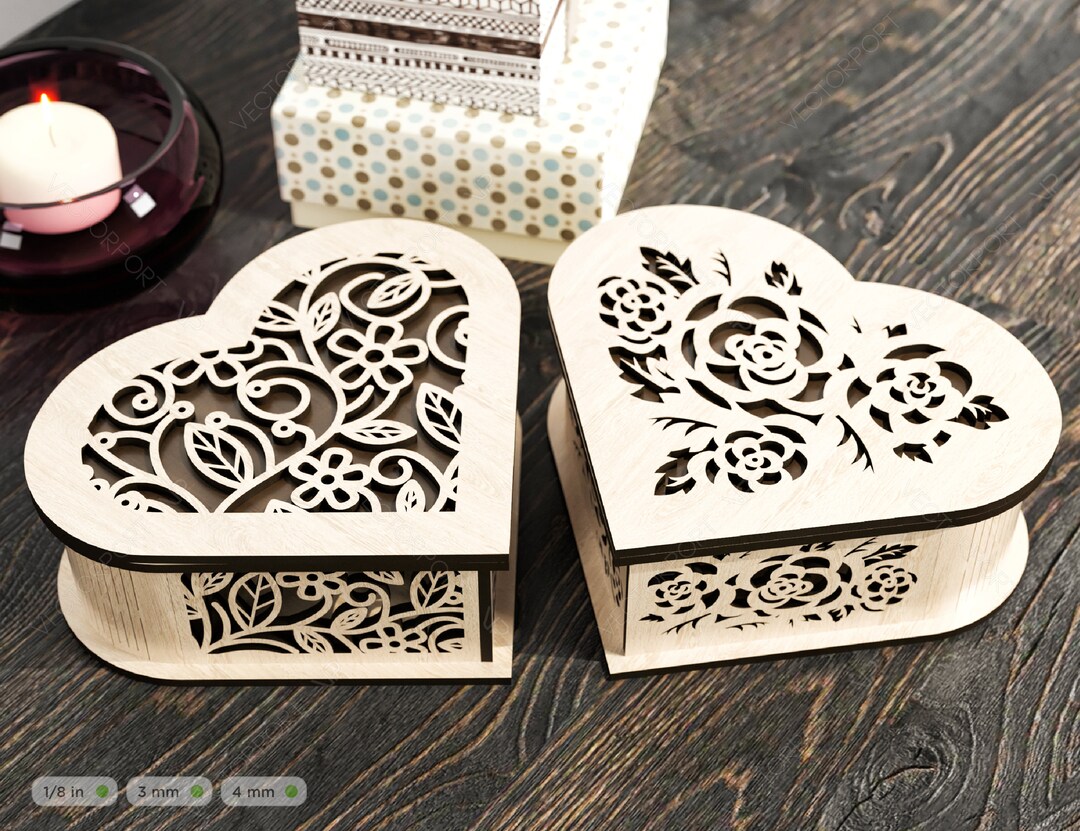 Flower Pattern Wooden Heart Shaped Jewelry Laser Cut Box - Etsy