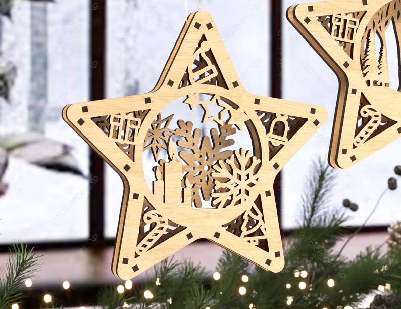 Star Shape Christmas Tree Decorations Craft Hanging Bauble Snowy Scene ...