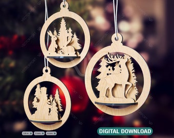 Tree Bauble Wood 3D Laser Cut Christmas Ball Ornament Round Design Set ...