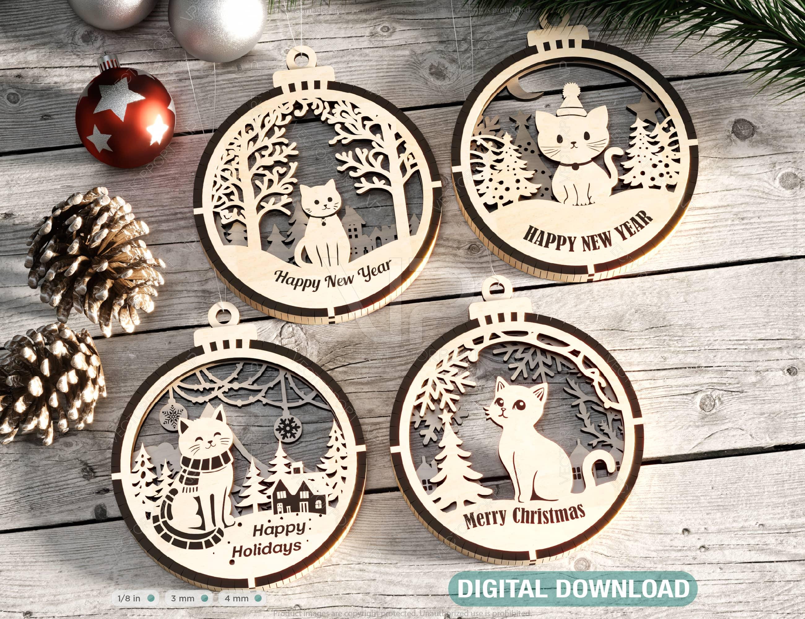 Cat Theme New Year Theme 3D Christmas Ornament Set Tree Decorations ...