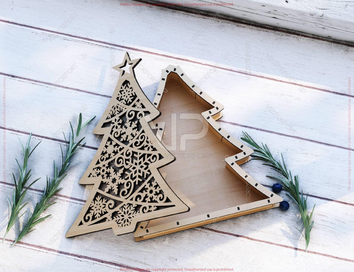 Christmas Tree Box With Snowflake Lid Elegant Laser-cut Plywood Rustic ...