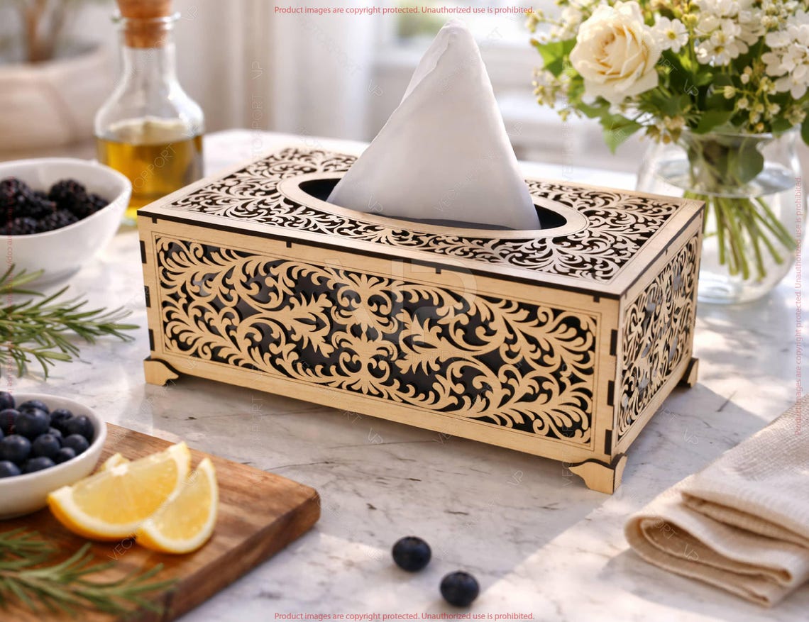 Elegant Laser Cut Wooden Tissue Box Cover | Wooden Napkin Box Sleeve ...