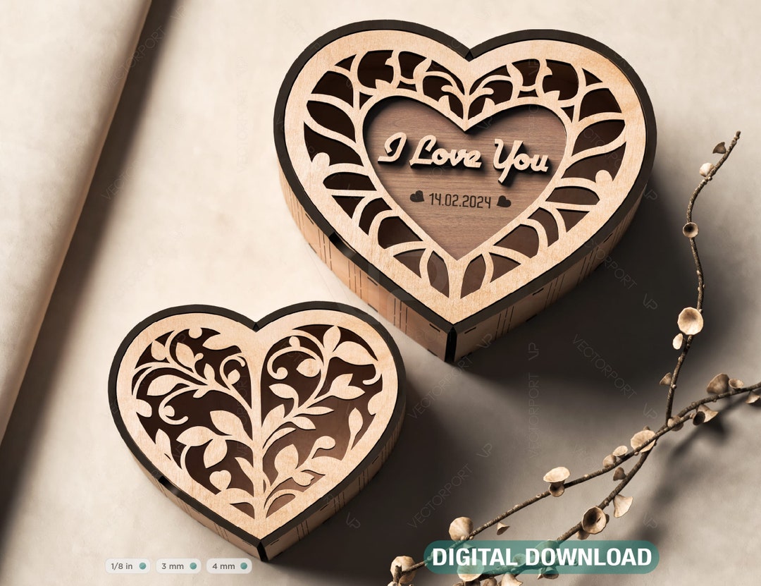 Heart Shape Laser Cut Wooden Gift Box for Valentine’s Day, Jewelry Case ...