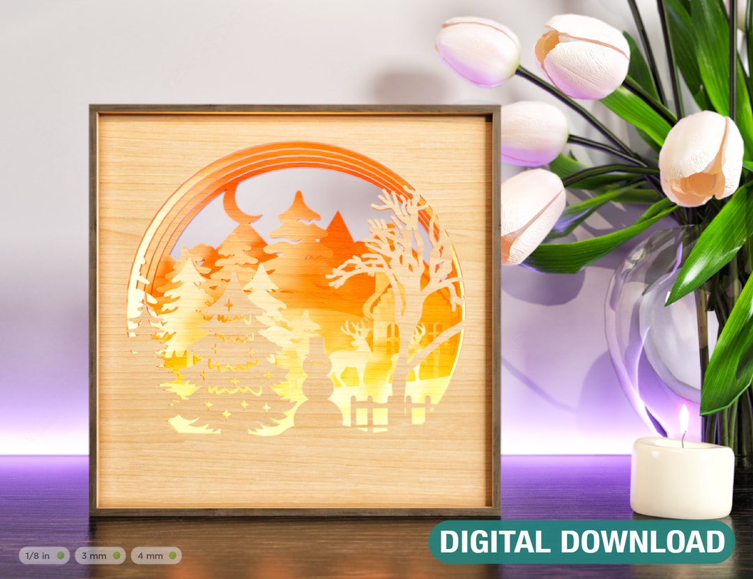 Christmas Wooden Night Lamp Deer Forest Scene Multilayer Shadowbox ...