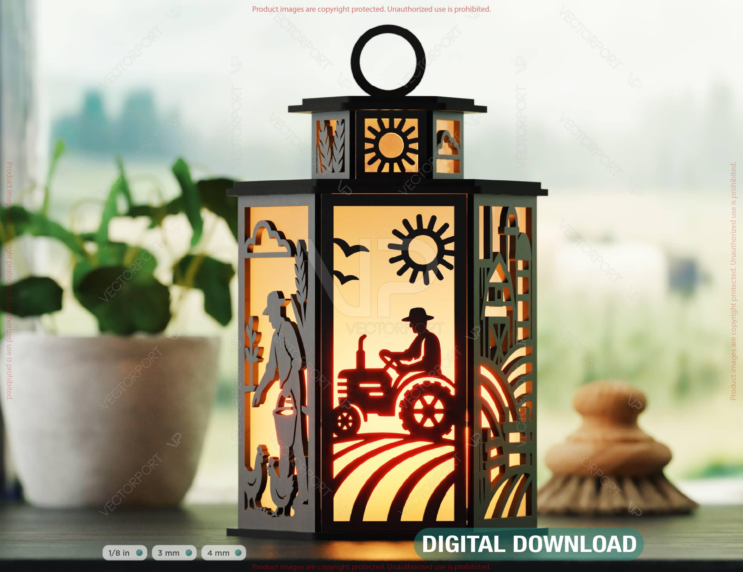 Farmer Laser Cut Farm Theme Lantern With Tractor, Barn, Hay Bales ...