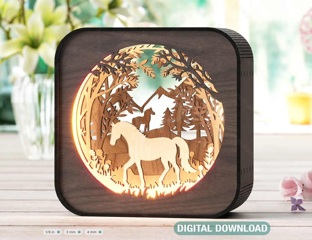 Horse Silhouette Forest Glow: Laser Cut LED Lamp Rectangle Night Lamp ...