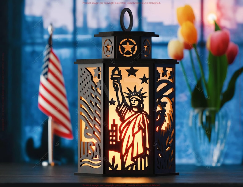 Patriotic USA Theme Laser Cut Table Lamp With Statue of Liberty, Flag ...