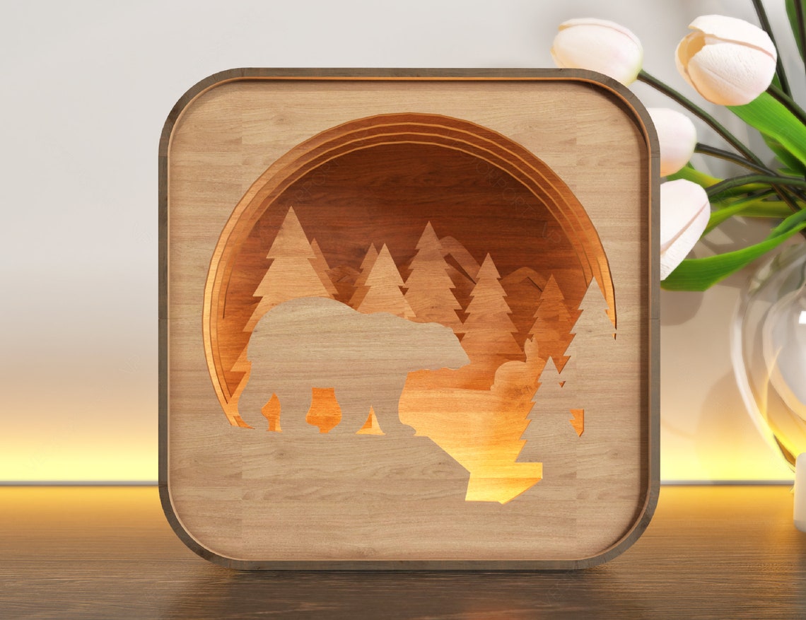 Wooden Night Lamp Bear Forest Scene Multilayer Shadowbox Laser - Etsy