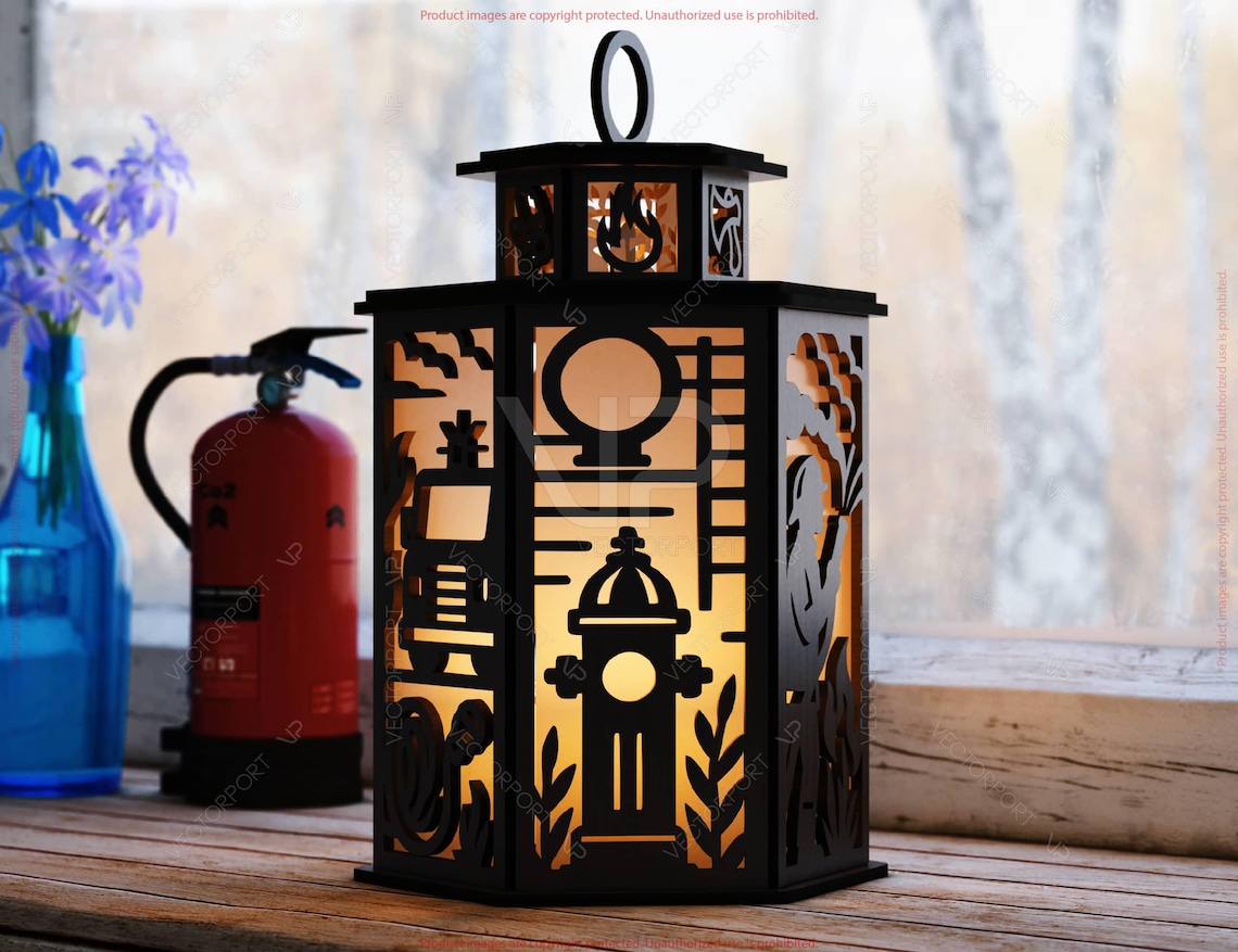 Firefighter Theme Laser Cut Table Lamp With Helmet, Axe, Fire Symbol ...
