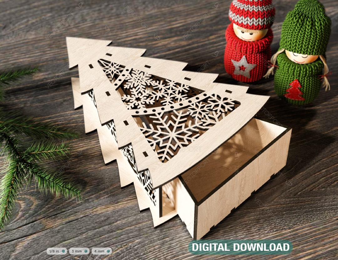 Christmas Tree Decorative Wooden Gift Box Tree Shape Laser Cut Jeweler ...