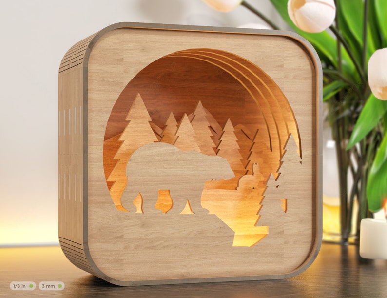 Wooden Night Lamp Bear Forest Scene Multilayer Shadowbox Laser - Etsy