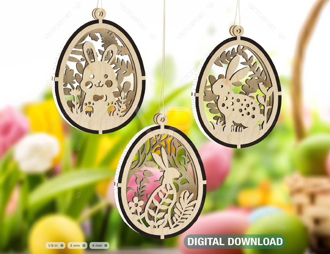 3D Easter Laser Cut Hanging Ornaments Egg Rabbits SVG Layered Decor ...