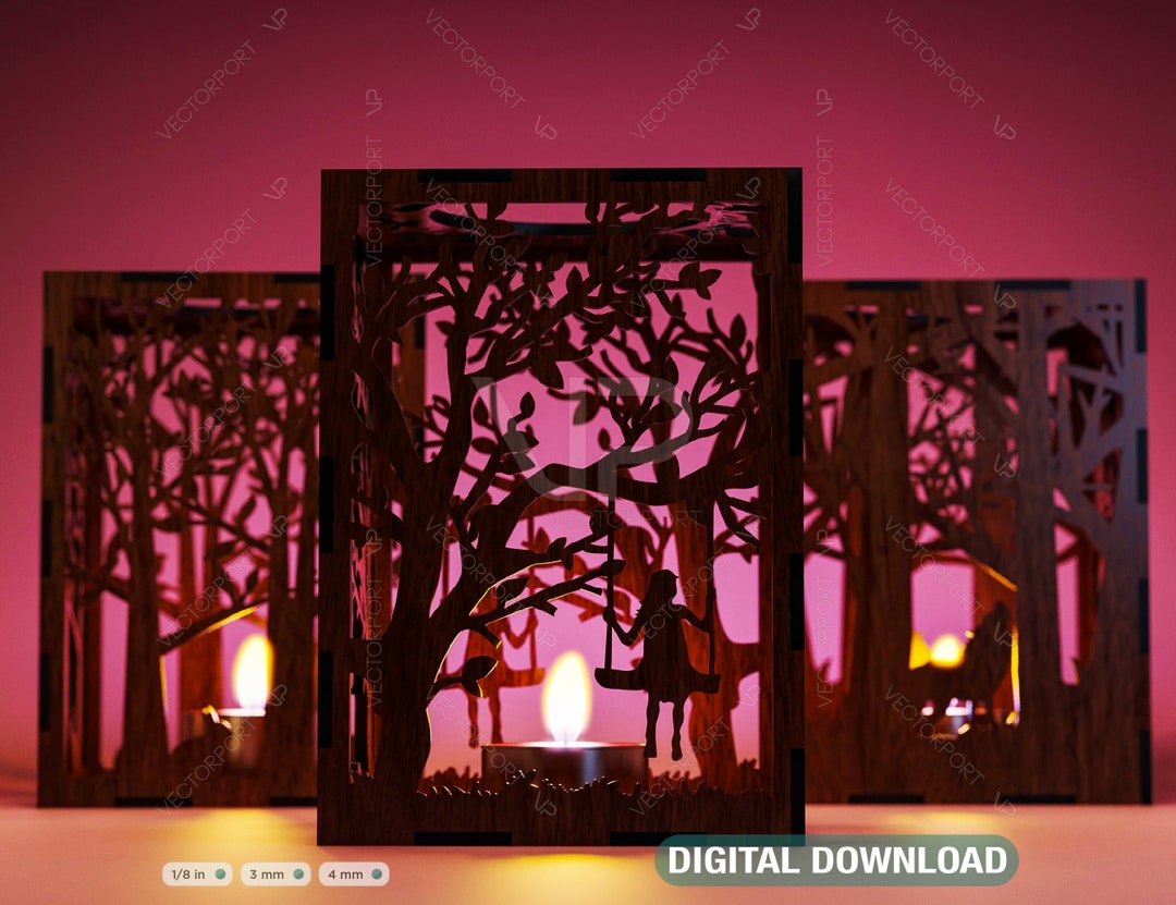 Tree Candle Holder Laser Cut With Animals Lamp Wood Tea Light Lantern ...