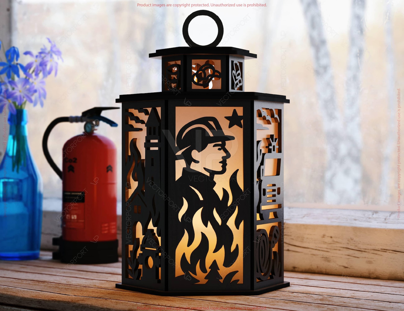 Firefighter Theme Laser Cut Table Lamp With Helmet, Axe, Fire Symbol ...