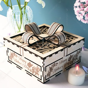 Personalized Wooden Gift Box With Engraved Design and Ribbon Closure ...