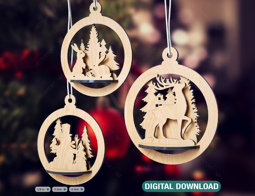 Tree Bauble Wood 3D Laser Cut Christmas Ball Ornament Round Design Set ...