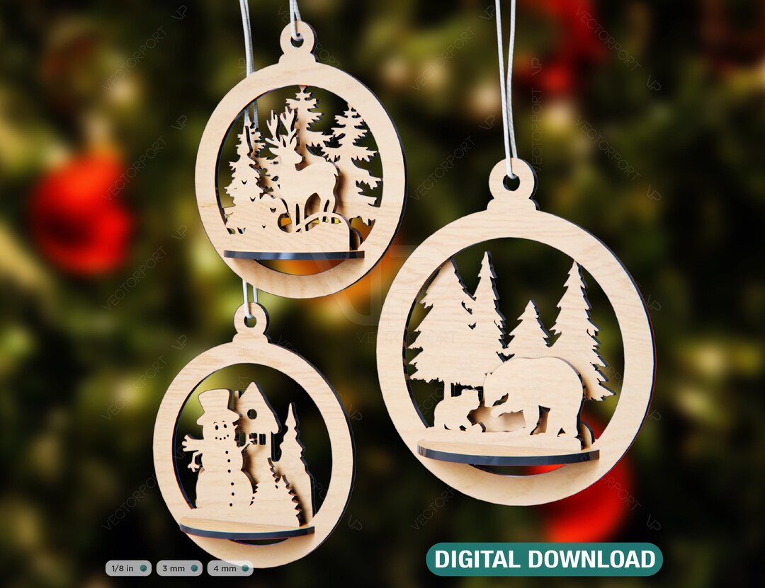 Tree Bauble Wood 3D Laser Cut Christmas Ball Ornament Round Design Set ...