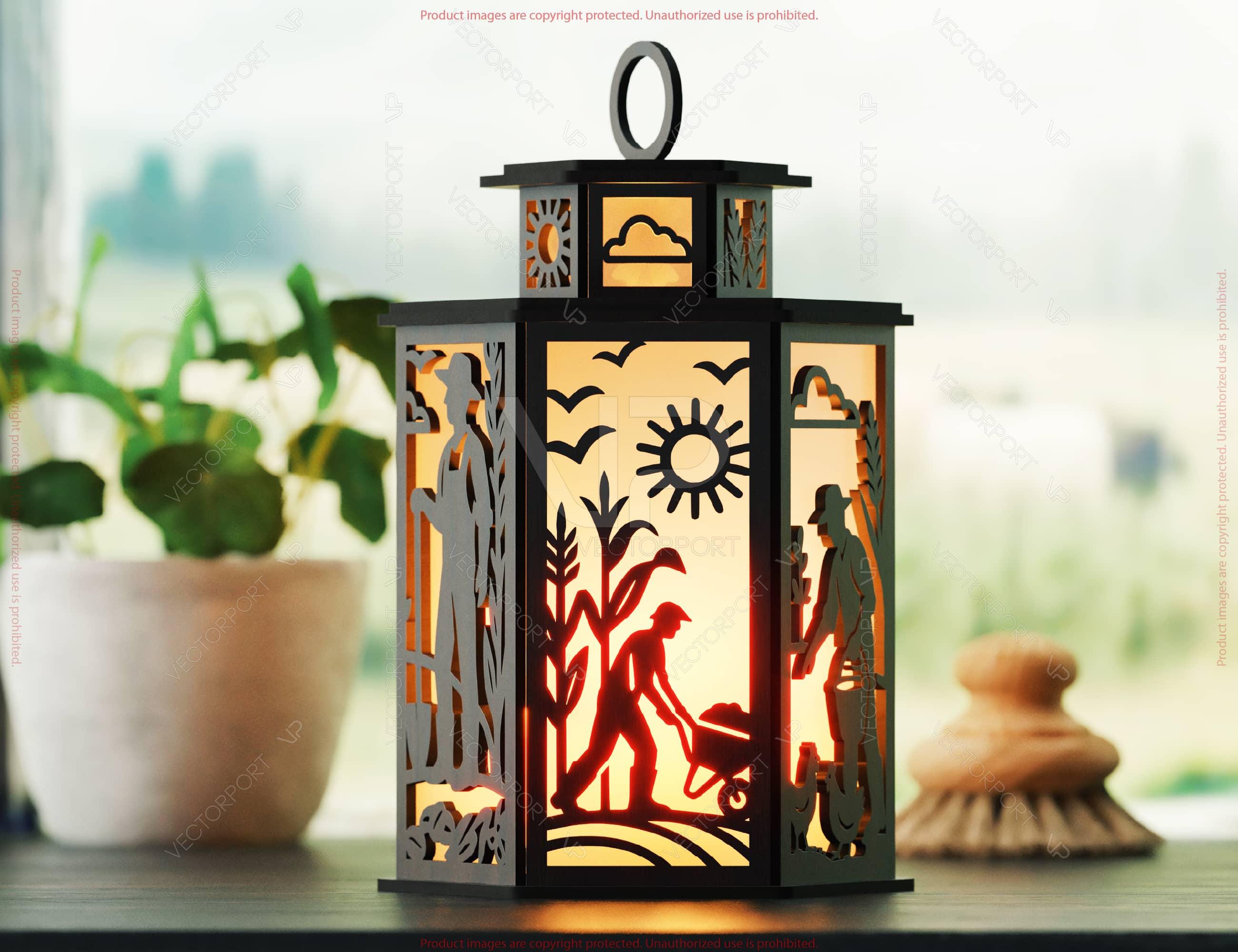 Farmer Laser Cut Farm Theme Lantern With Tractor, Barn, Hay Bales ...