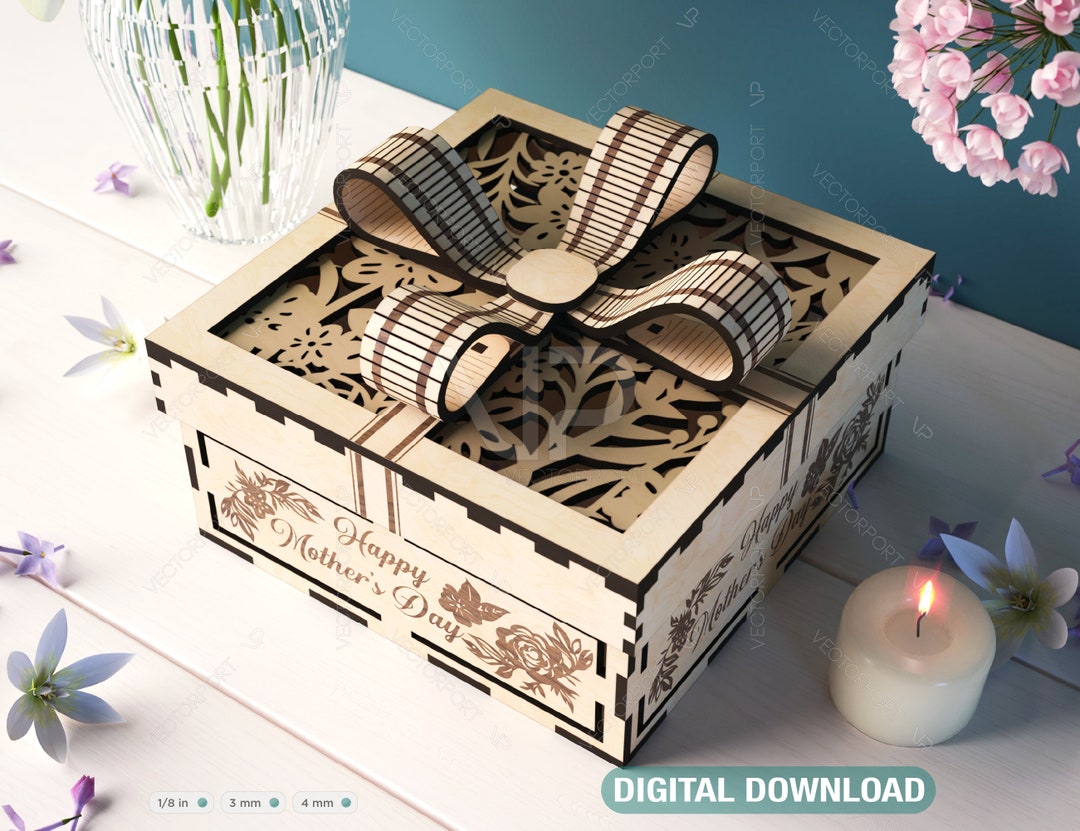 Personalized Wooden Gift Box With Engraved Design and Ribbon Closure ...