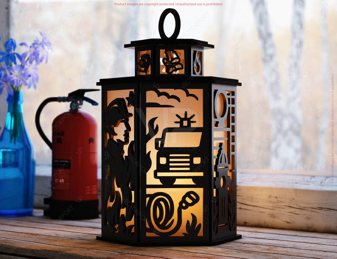 Firefighter Theme Laser Cut Table Lamp With Helmet, Axe, Fire Symbol ...