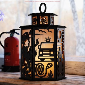 Firefighter Theme Laser Cut Table Lamp With Helmet, Axe, Fire Symbol ...