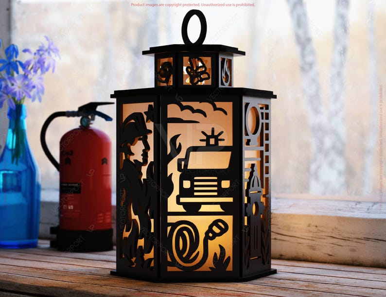 Firefighter Theme Laser Cut Table Lamp With Helmet, Axe, Fire Symbol ...