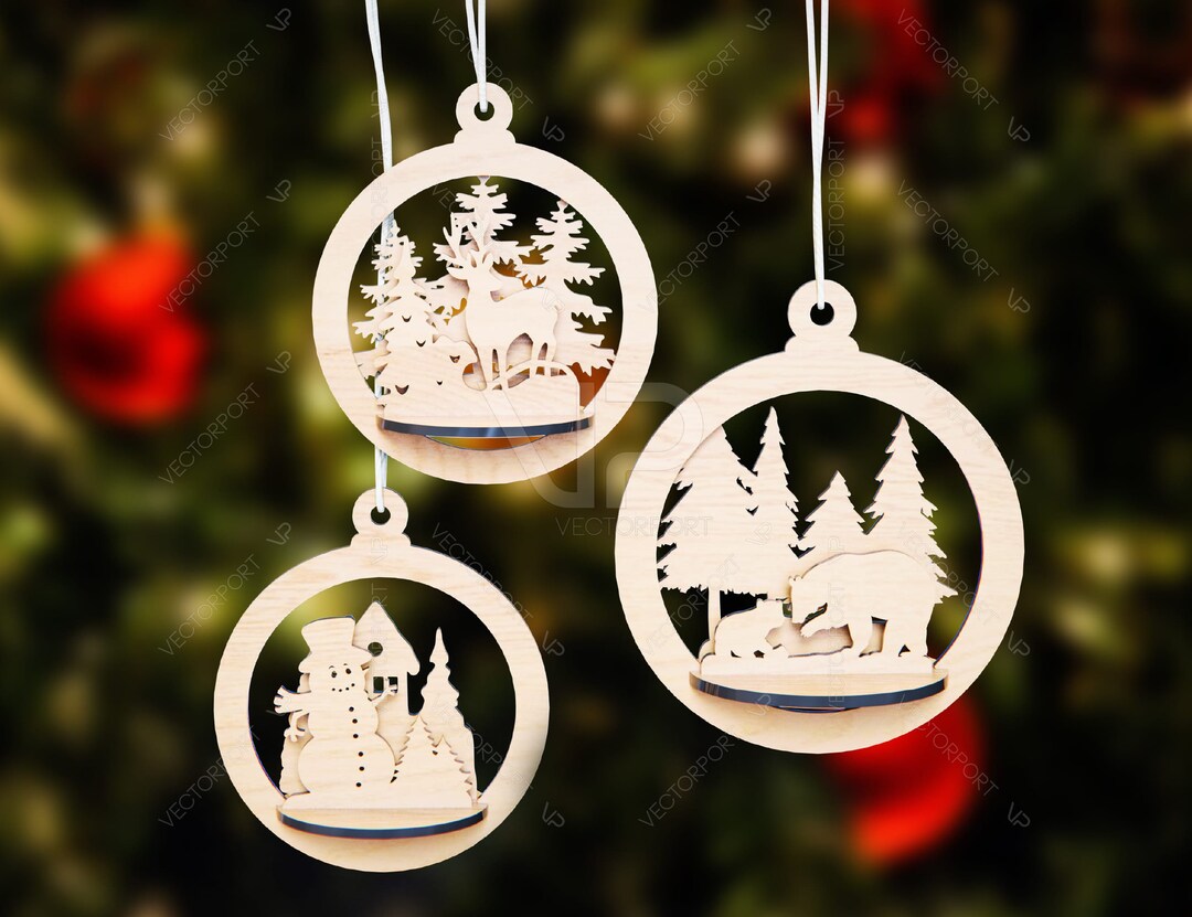 Tree Bauble Wood 3D Laser Cut Christmas Ball Ornament Round Design Set ...