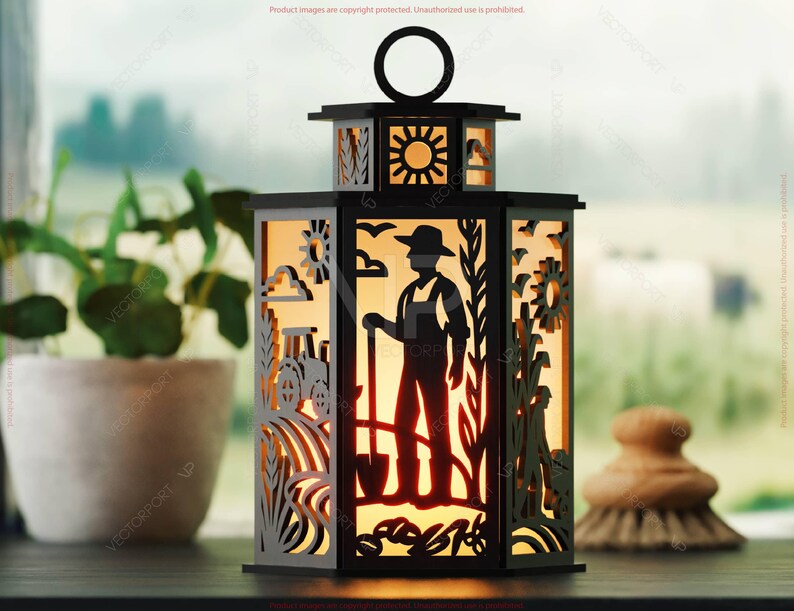 Farmer Laser Cut Farm Theme Lantern With Tractor, Barn, Hay Bales ...