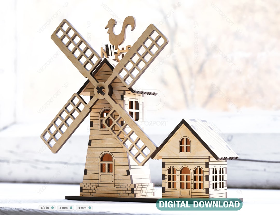 Charming Garden Scene: Miniature Windmill and Cottage Laser Cutting ...
