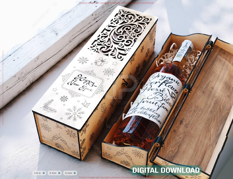 Rustic Holiday Wine Box SVG – Laser Cut Wooden Bottle Case Customizable ...