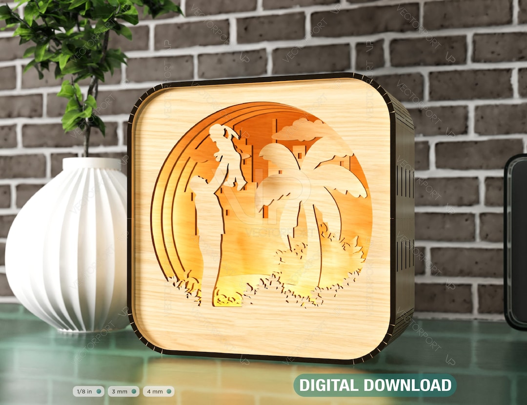 Father’s Day Gift Wooden Led Night Lamp Dad & Daughter Scene Multilayer ...