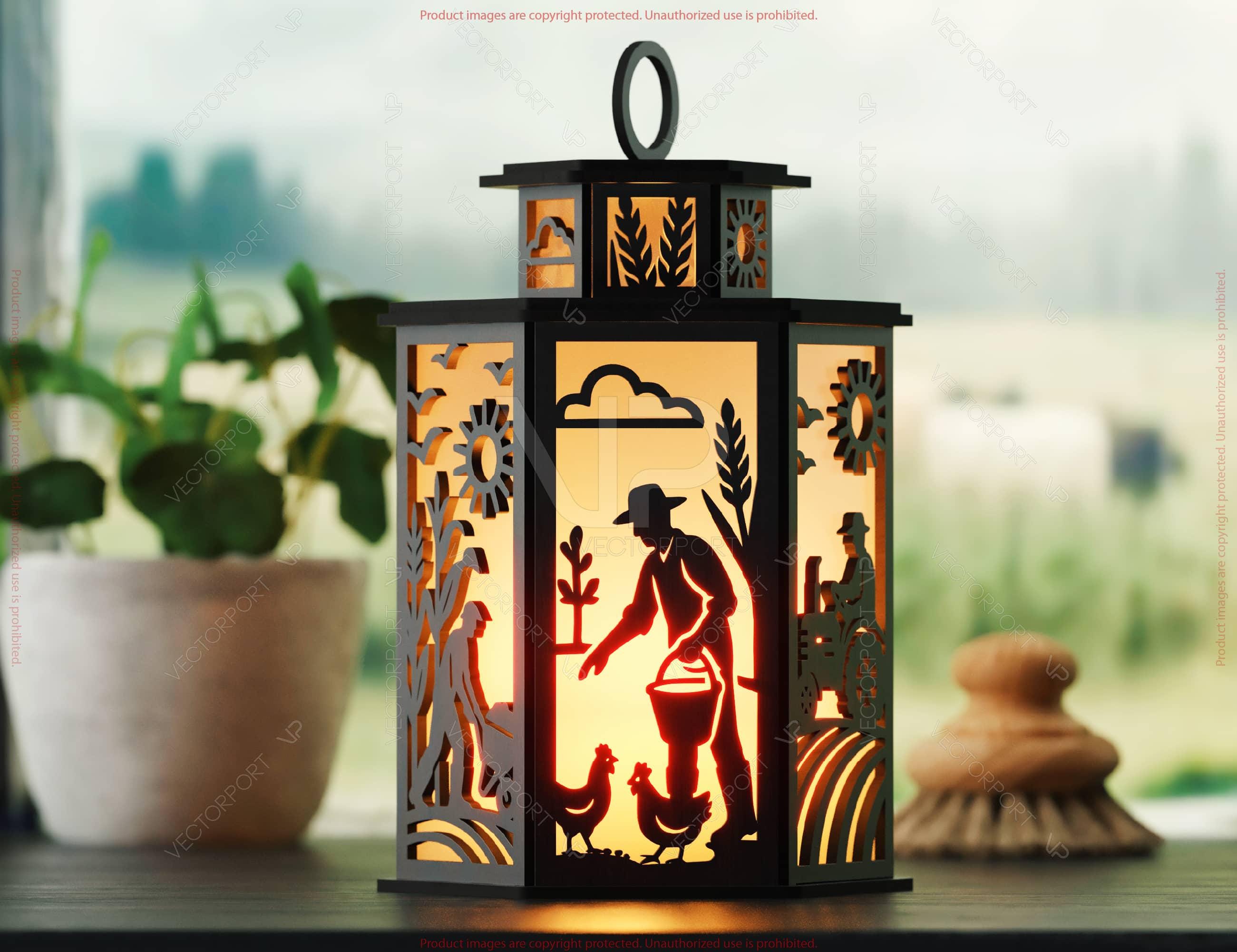 Farmer Laser Cut Farm Theme Lantern With Tractor, Barn, Hay Bales ...