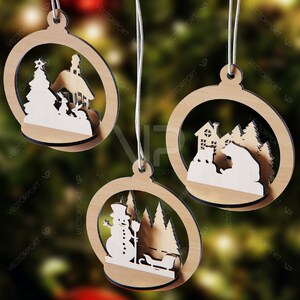 Tree Bear Bauble Wood 3D Laser Cut Christmas Ball Ornament Round Design ...