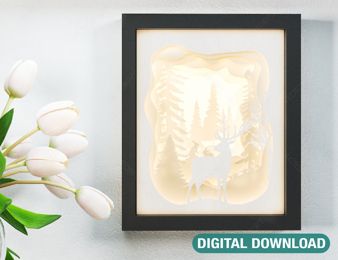 Paper Cut Light Box, 3D Deer Forest Theme Shadow Box SVG Template ...