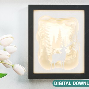 Paper Cut Light Box, 3D Deer Forest Theme Shadow Box SVG Template ...