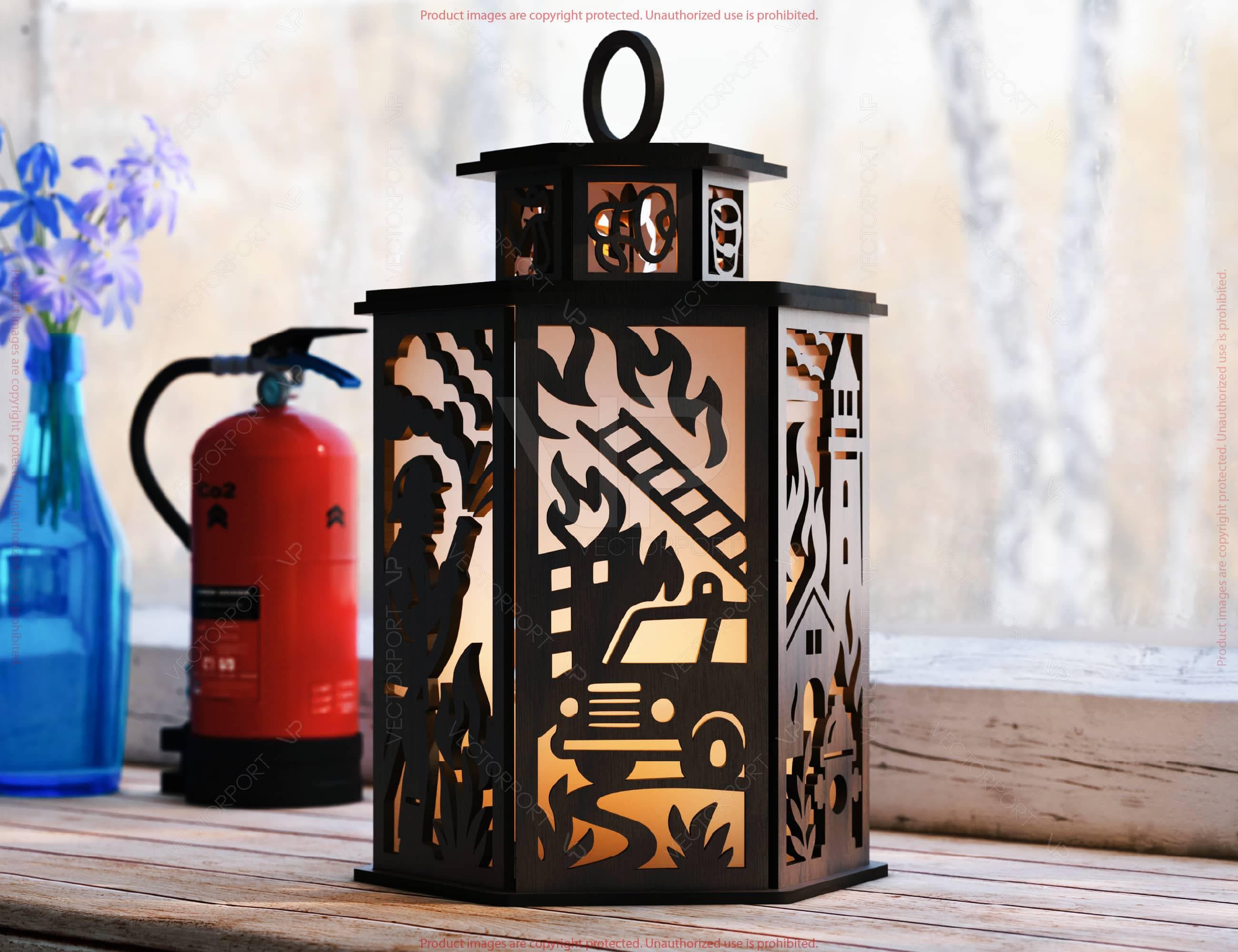 Firefighter Theme Laser Cut Table Lamp With Helmet, Axe, Fire Symbol ...