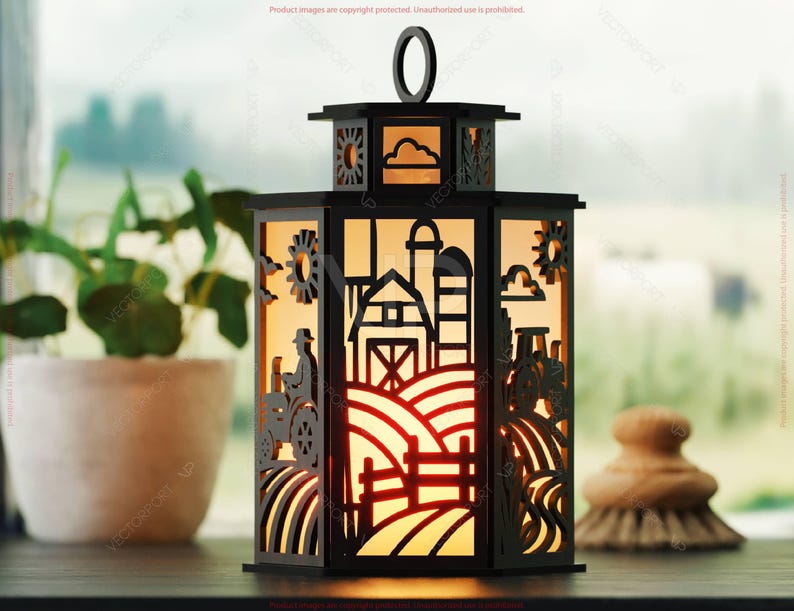 Farmer Laser Cut Farm Theme Lantern With Tractor, Barn, Hay Bales ...