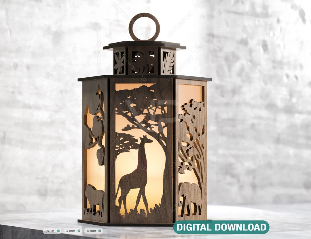 Safari Forest Scene Lantern Tea Light Giraffe Leon Elephant Theme ...