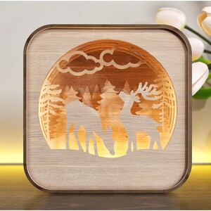 Wooden Night Lamp Deer Forest Scene Multilayer Shadowbox Laser Cut ...