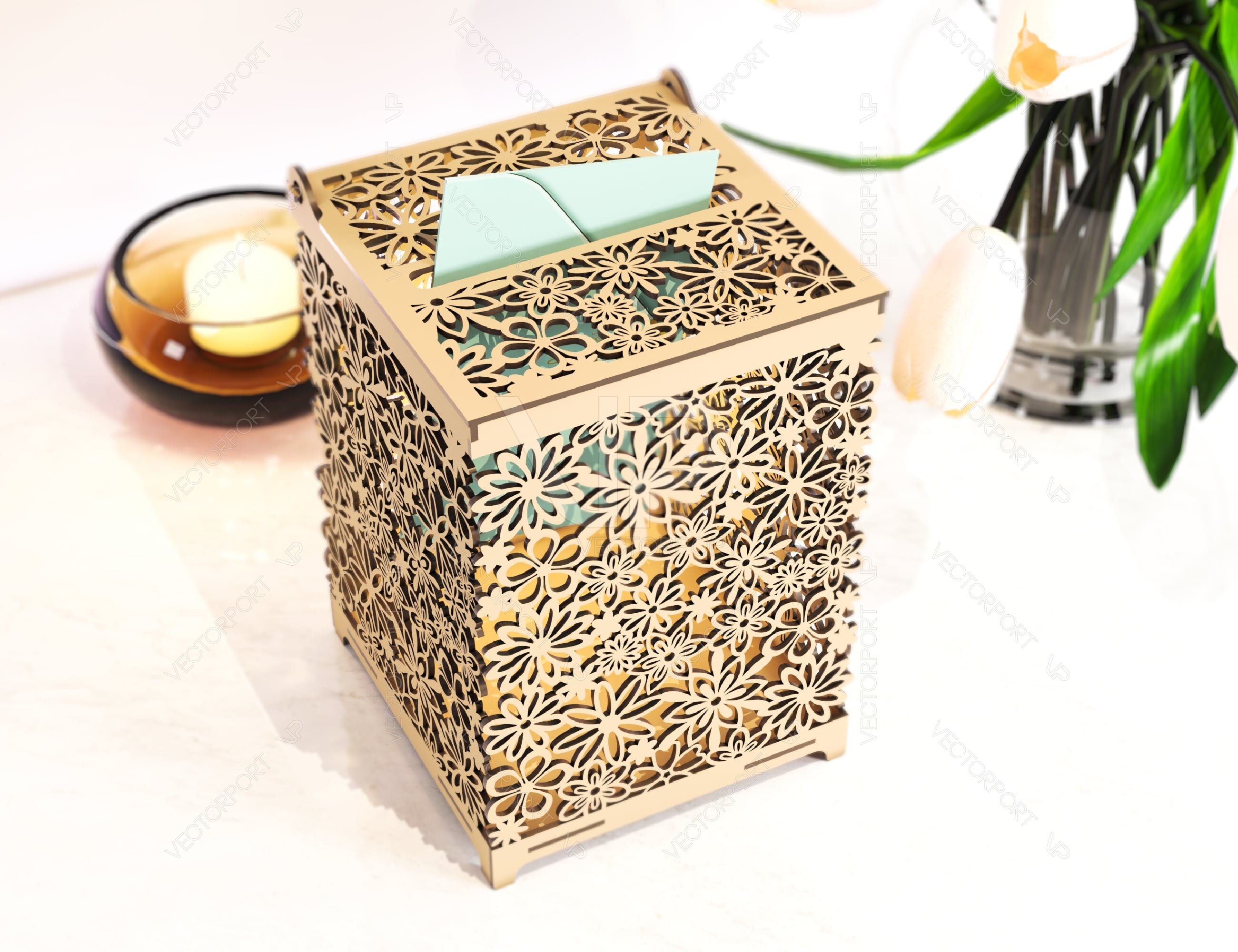 Flower Pattern Decorative Wedding Gift Card Box Decoration Wooden Card ...