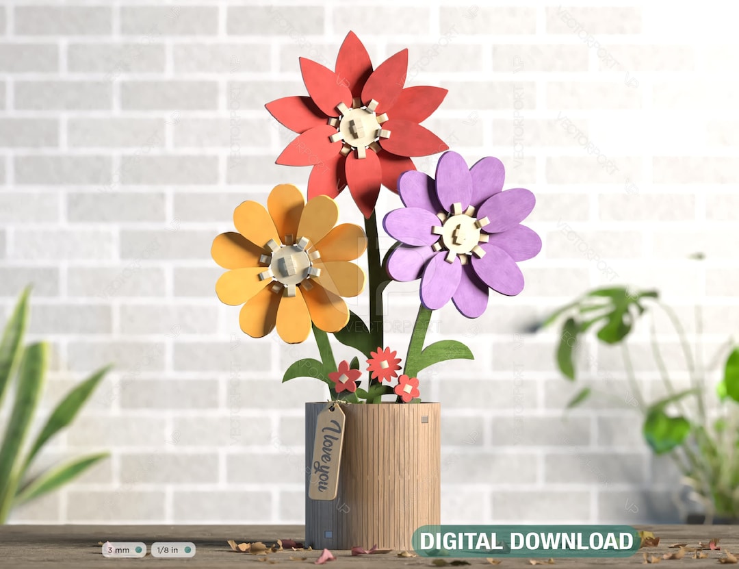 3D Daisy Laser Cut Flower Pot Gift for Valentine, Mother’s Day Wooden ...