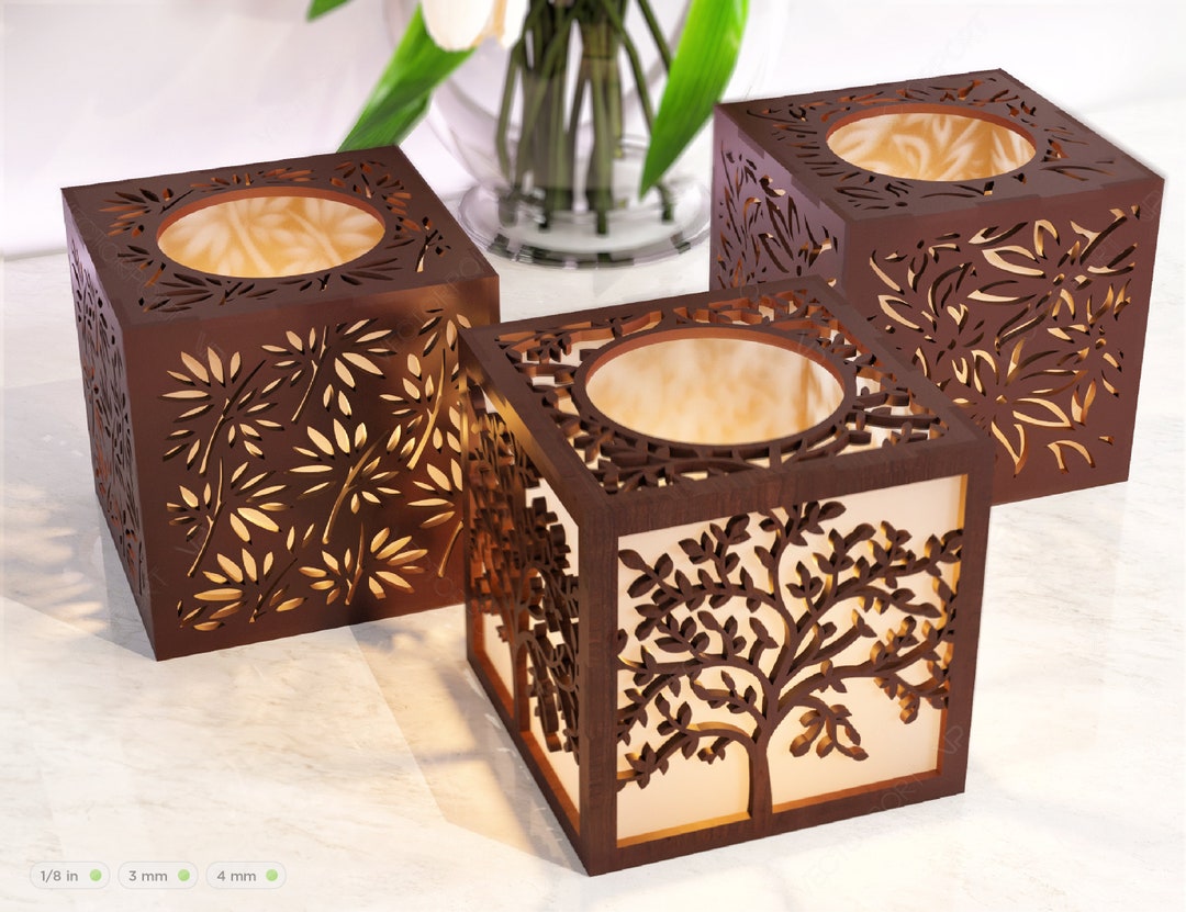 Tree Flowers Candle Holder Laser Cut With Leaves Lamp Wood Tea - Etsy