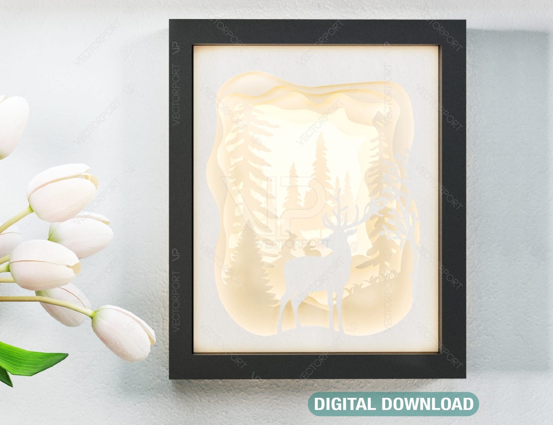 Paper Cut Light Box, 3D Deer Forest Theme Shadow Box SVG Template ...