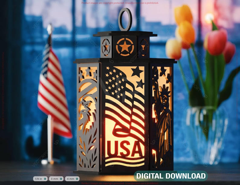 Patriotic USA Theme Laser Cut Table Lamp With Statue of Liberty, Flag ...