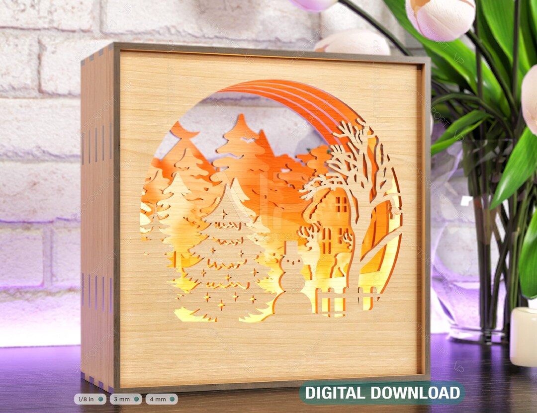 Christmas Wooden Night Lamp Deer Forest Scene Multilayer Shadowbox ...