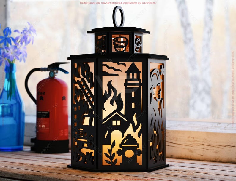 Firefighter Theme Laser Cut Table Lamp With Helmet, Axe, Fire Symbol ...