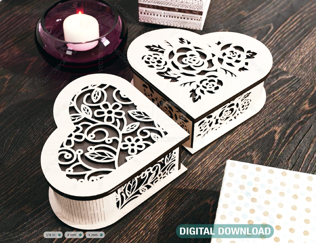 Flower Pattern Wooden Heart Shaped Jewelry Laser Cut Box Template ...