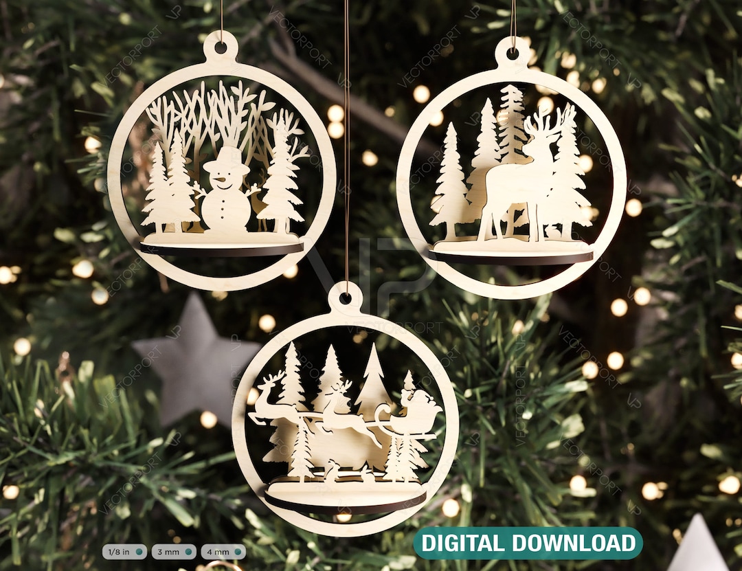 3D Tree Bauble Wood Laser Cut Christmas Ball Ornament New Year Tree ...